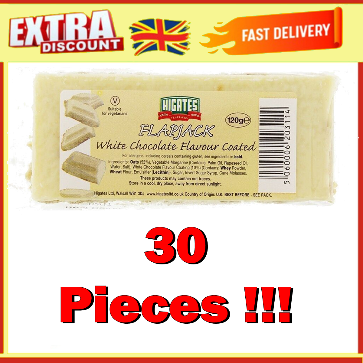 30 x Higates Flapjacks White Chocolate Flavour Coated Case 120g Sweets ...