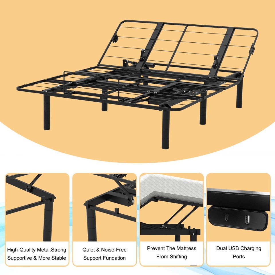 Queen Size Zero-Clearance Adjustable Bed Base W/Incline, Dual USB A+C ...