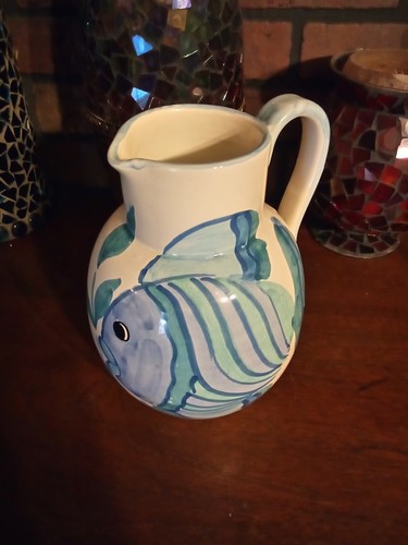 Sara Art Pottery Vase Pitcher Hand Painted Fish Hand Made In Italy 8 ...