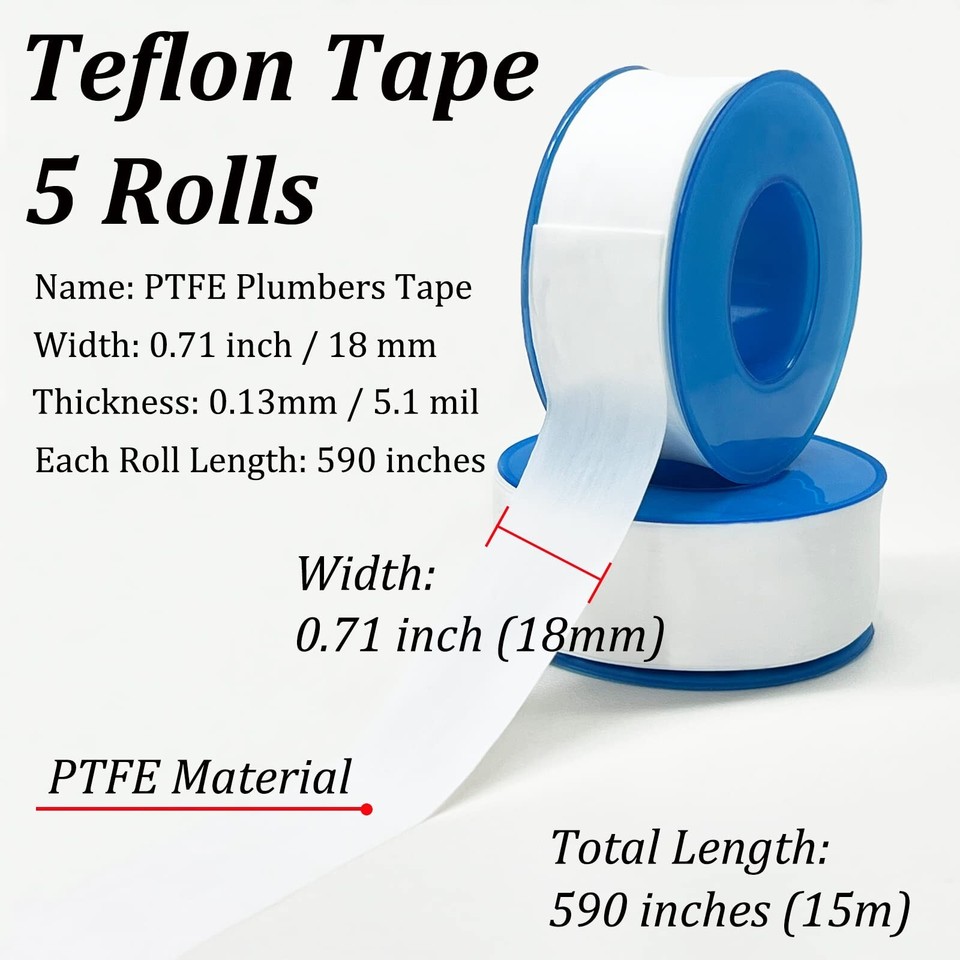 5 Rolls Premium Plumbers Tape, Teflon Tape, Plumbing Tape, Thread Seal ...