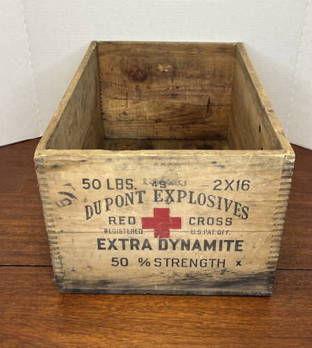 Antique Wooden Crate Box DuPont Explosives Red Cross Extra Dynamite 50% ...