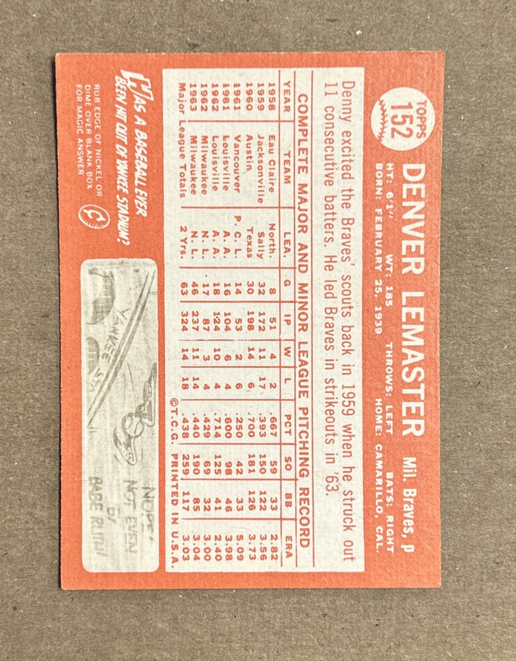 1964 Topps Baseball Denver Lemaster Milwaukee Braves Card #152 | eBay