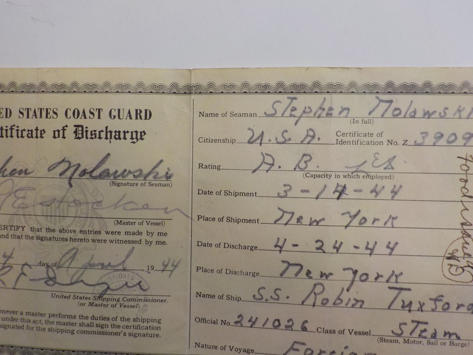 WW2 Merchant Marine Document 1944 S.S. Robin Tuxford Discharge World ...
