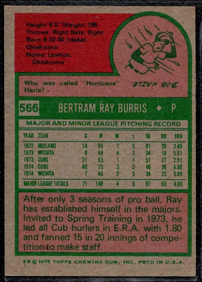 1975 Topps Baseball Card #566 Ray Burris Chicago Cubs EX-MT+ | eBay
