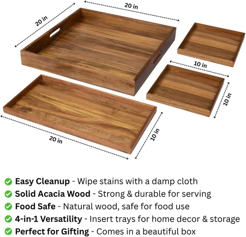 20 Inch Large Square Ottoman Tray. Premium Acacia Wood Serving Tray for ...