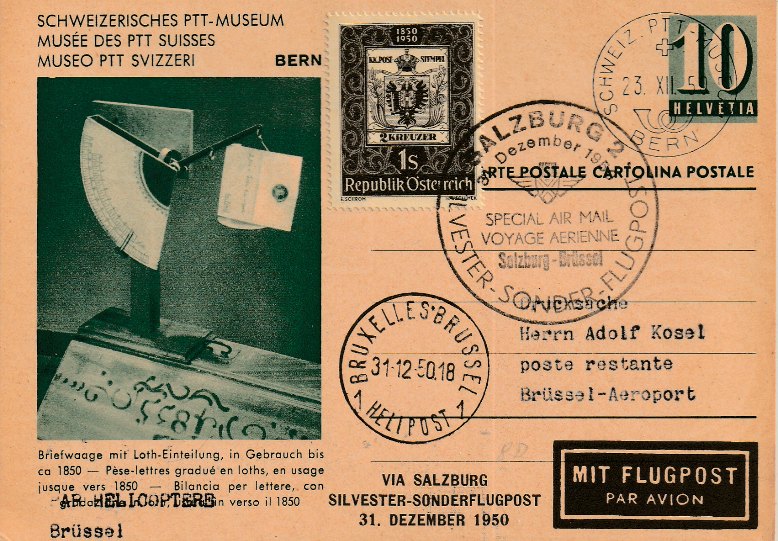 Salzburg Silvester Flugpost 31.12.1950 Zubringer Schweiz HELI Post ...