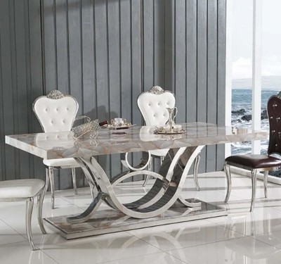 Lavish Marble-Top Chrome Base Dining Table Set | eBay