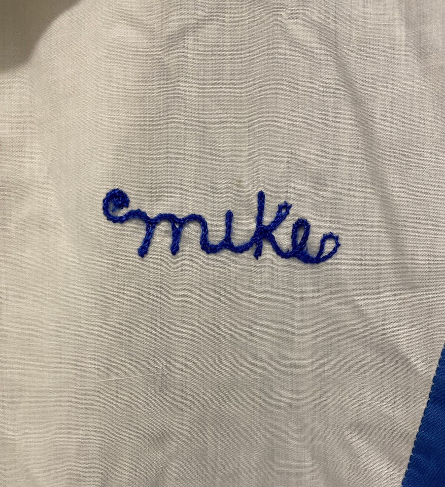 VTG 60'S TWO TONE MIKE CHAINSTITCH FLOCK PRINT BLUE COTTON BOWLING ...