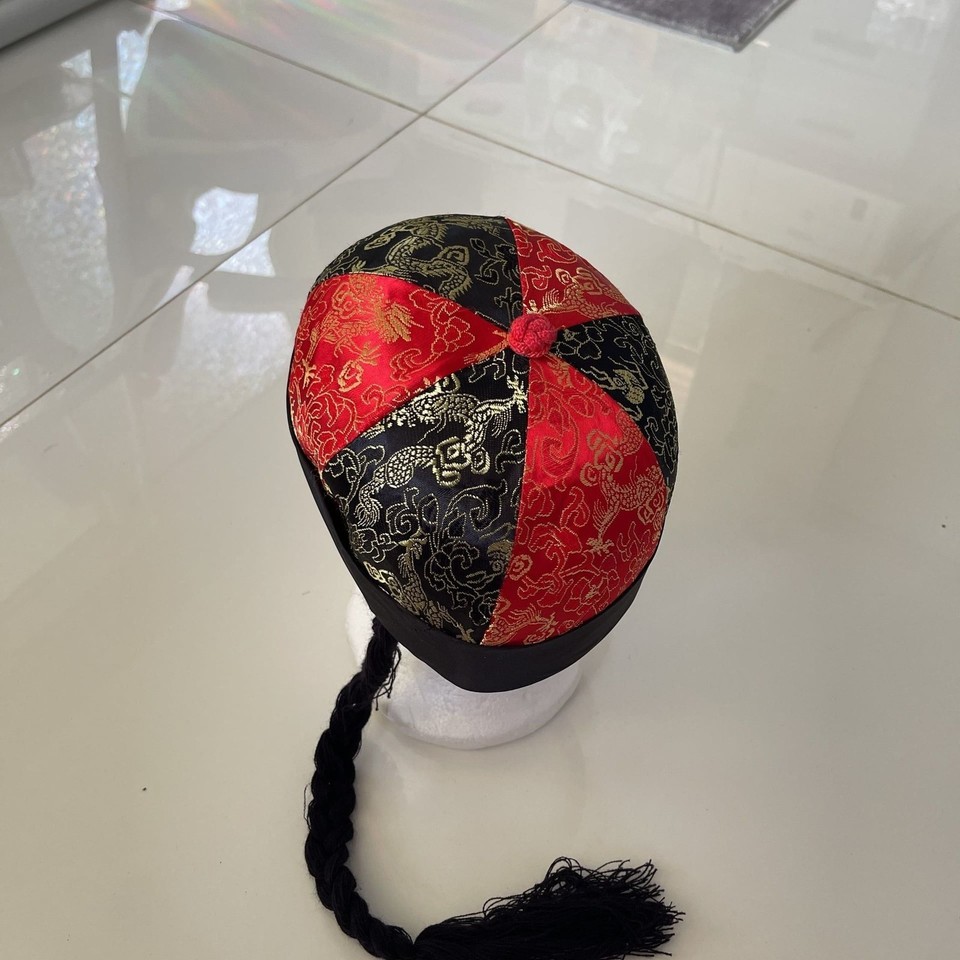 Chinese Dragon Brocade Hat Red Black Gold Costume Accessory One Size | eBay
