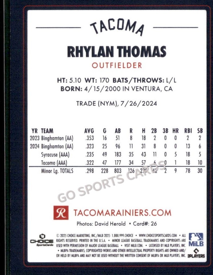 2025 Tacoma Rainiers Rhylan Thomas RC Rookie Seattle Mariners Minor ...