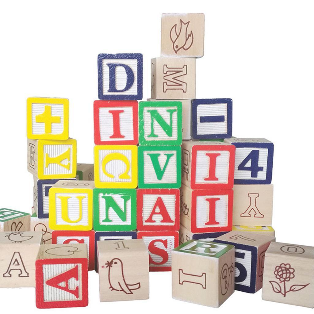 50pcs Wooden Cartoon A~Z Alphabet Numbers Printed Cubes Blocks ...