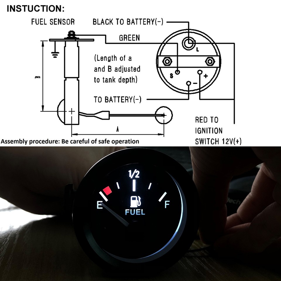 Universal 2"52mm Fuel Level Gauge Kit W/ Fuel Float Sensor E-1/2-F ...