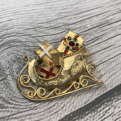 Vintage Gold Toned Christmas Santa Sleigh Brooch Green & Red ...