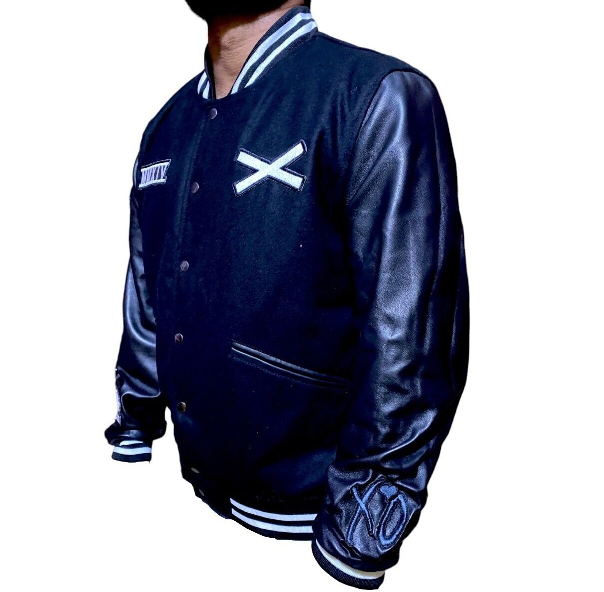 Mens The Weeknd XO Bomber Jacket | Black Wool leather Lettermen Varsity ...