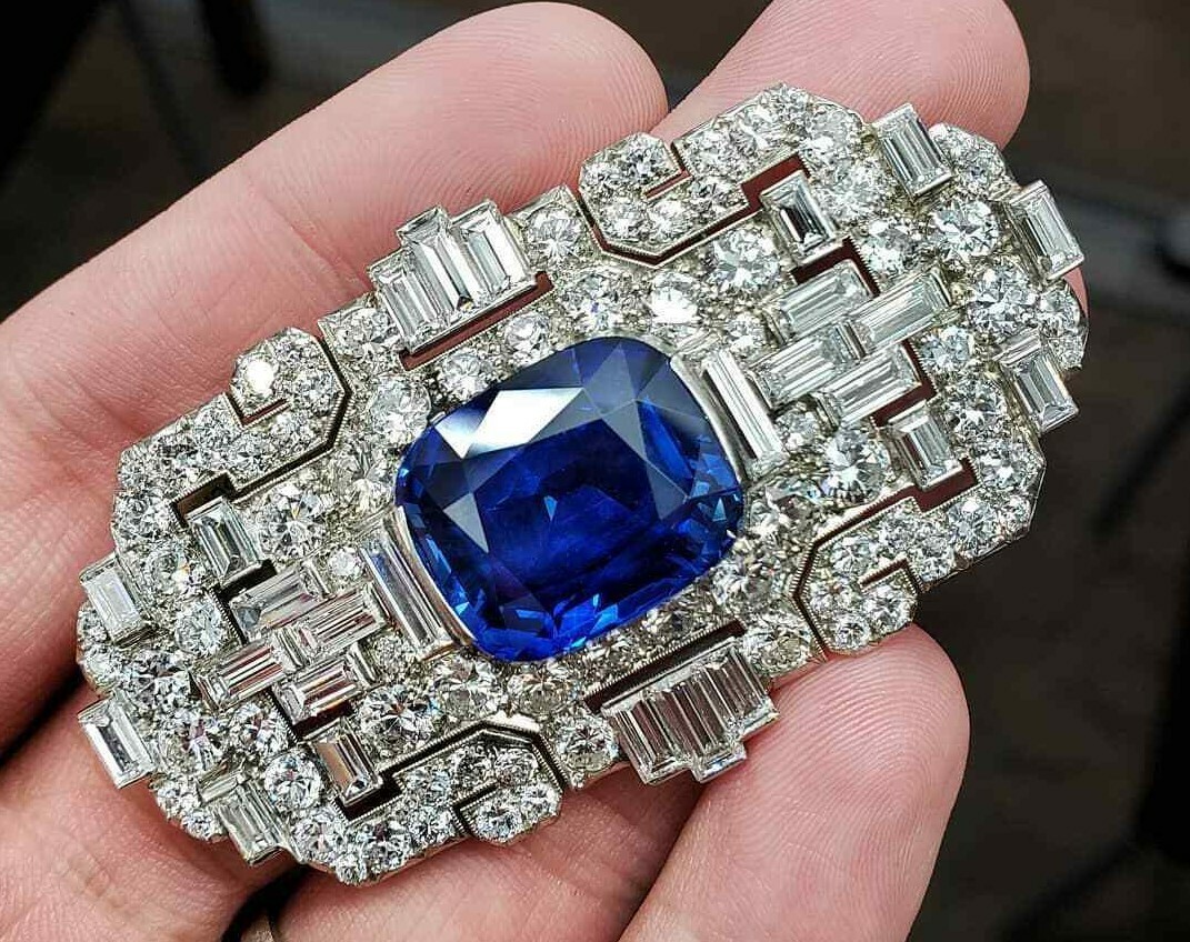Art Deco Lab Sapphire Lapel Pin 925 Sterling Silver Handmade Statement ...