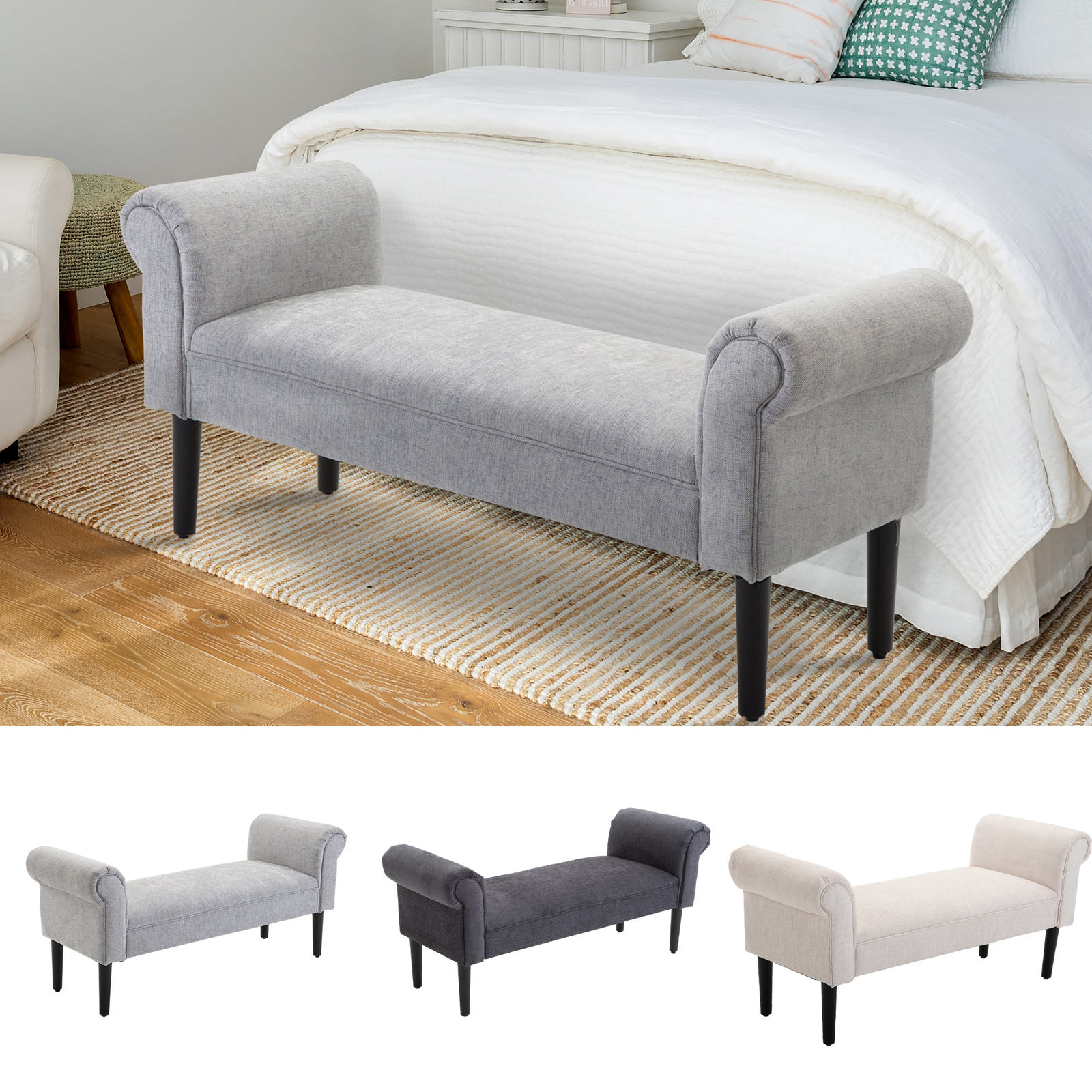 52" Modern Rolled Arm Bench Bed End Ottoman Sofa Seat Footrest Bedroom ...