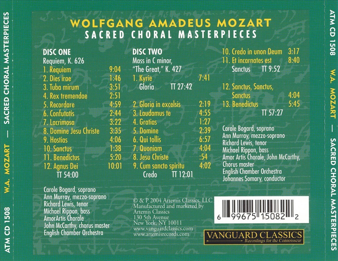 JOHANNES SOMARY MOZART: SACRED CHORAL MASTERPIECES NEW CD 699675150822 ...