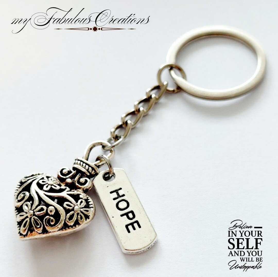 Vintage Style Silver Carved 3D Heart Keyring HOPE Charm Keychain Key ...