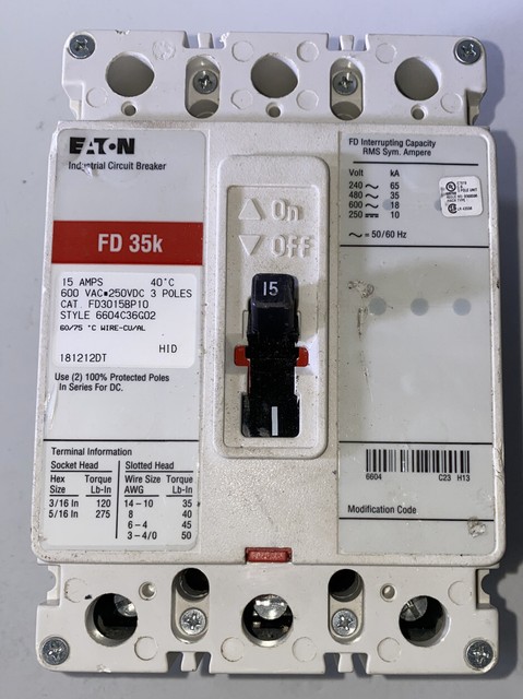Eaton/cutler Hammer FD FD3015BP10 3 Pole 15 Amp 600v Circuit Breaker ...