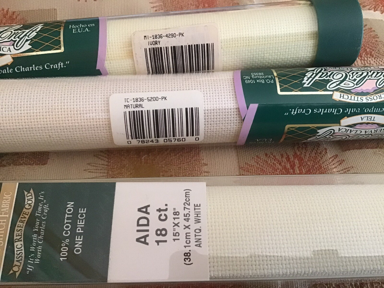 3 rolls Charles Craft 18 Count Aida Cross Stitch Fabric 15" x 18" asst ...