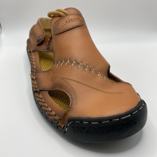 HSY Fashion Men’s 100% Caoutchouc Brown Leather Closed Toe Sandal, Size ...