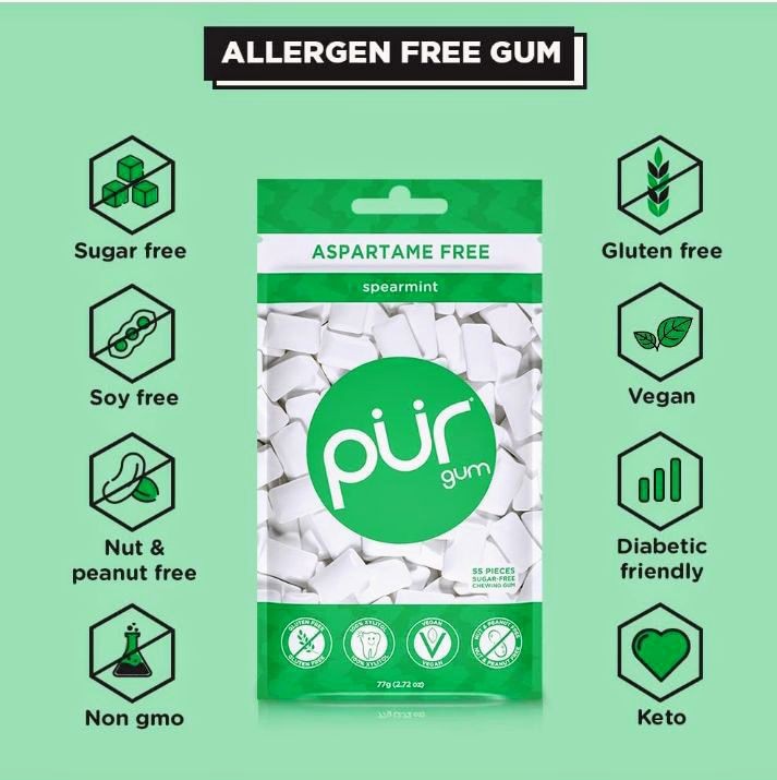 PUR Xylitol Chewing Gum SPEARMINT (55 Pieces, 3 Pack) Sugarless Vegan ...