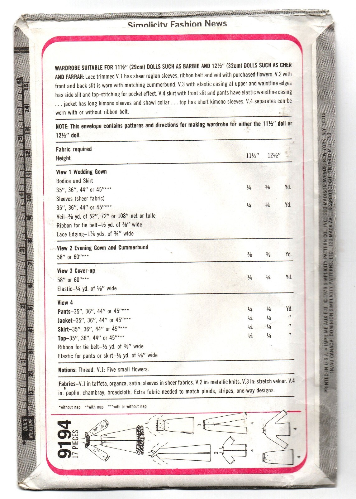 Simplicity SEWING PATTERN 9194 12½” Fashion Doll Clothes Vtg 1979 NEW ...