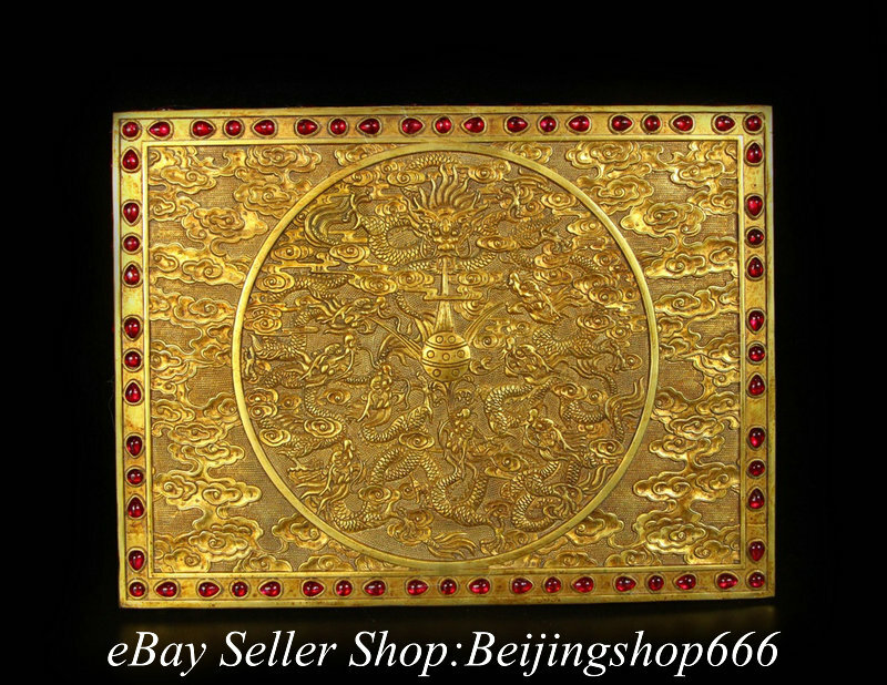 10.6" Old Chinese Purple Bronze 24K Gold Gilt inlay Gems Mahjong Dragon ...