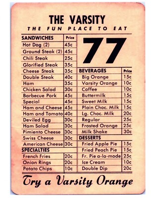 EARLY THE VARSITY ATLANTA GEORGIA MENU 8.5X11 GLOSSY REPRINT HAMBURGERS ...