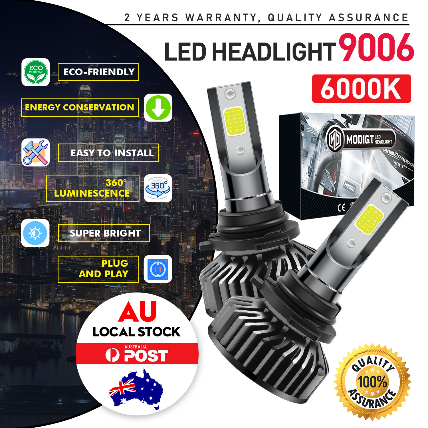 MODIGT Headlight Kit 2X 9006 HB4 6000K LED Light Bulbs High Low Beam ...