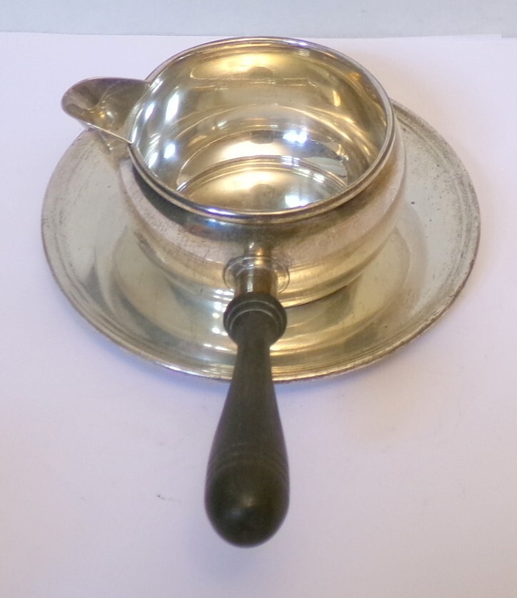STERLING SILVER SAUCE POT with wood Handle BOWL Pipkin w UNDERPLATE ...