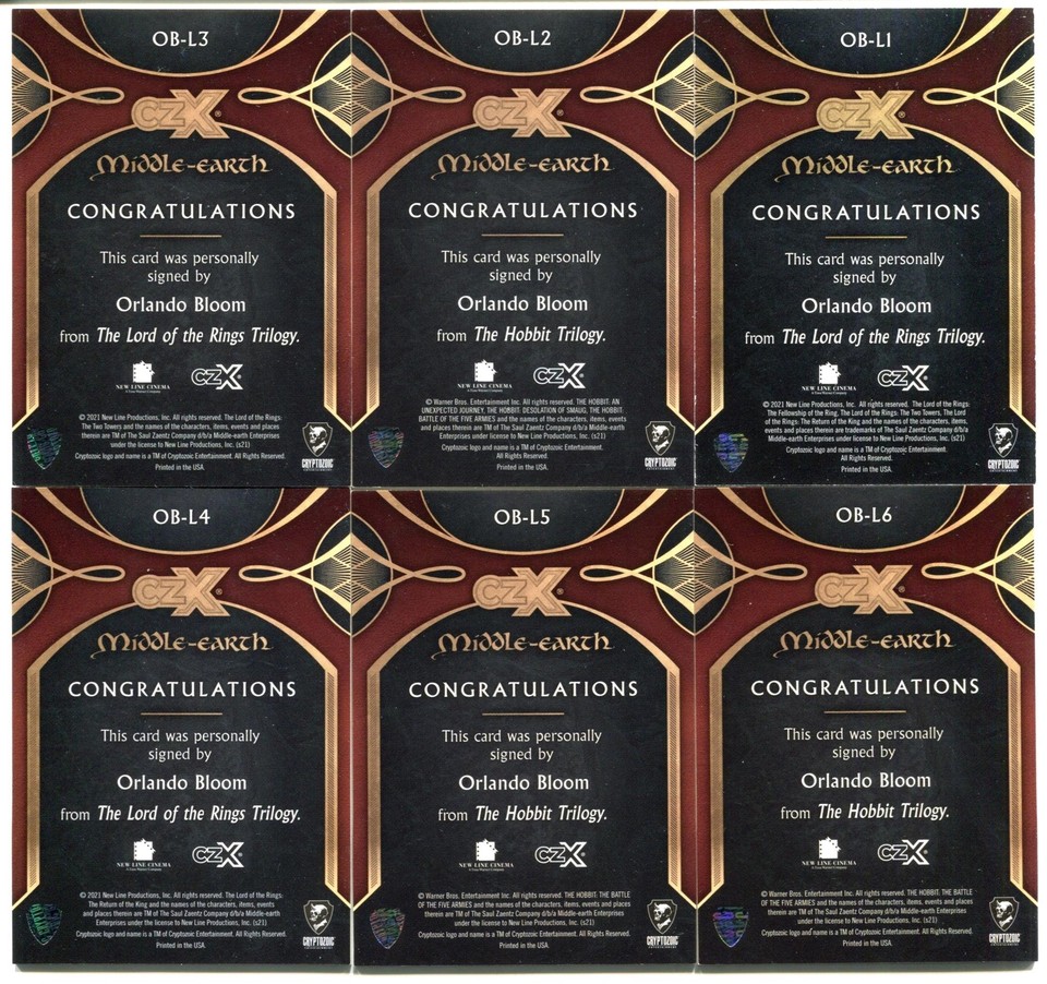 CZX Middle Earth Orlando Bloom as Legolas Autograph Card Set of (6) OB ...