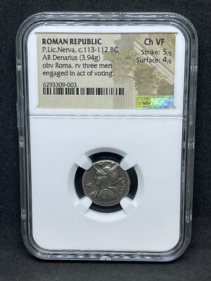 Roman Republic P. Lic. Nerva AR Denarius Roma Men Voting NGC Ancients ...