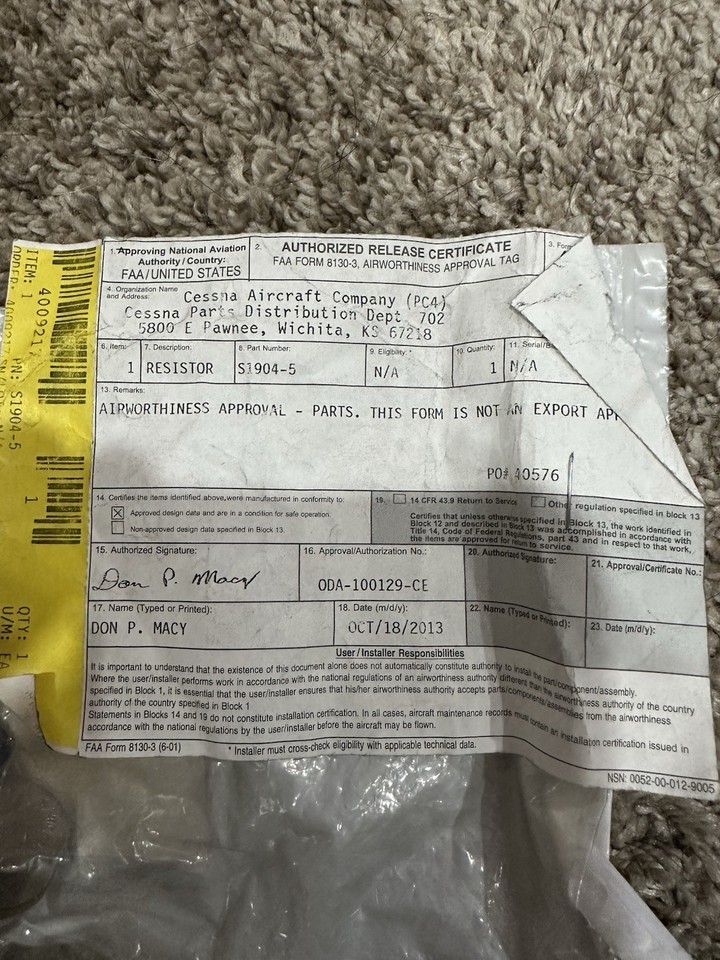 Cessna Resistor P/N S1904-5 | eBay