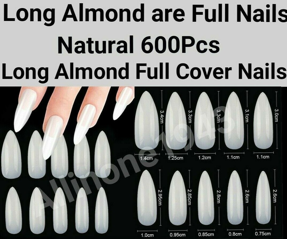 600Pc Long Almond Full Cover artificial Nails Tips Acrylic False Press ...