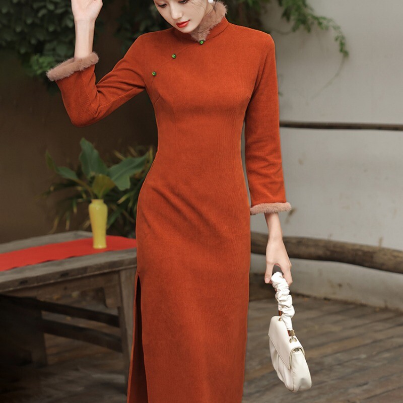 Women Chinese Cheongsam Dress Side Slit Faux Fur Trim Thick Long Sleeve ...