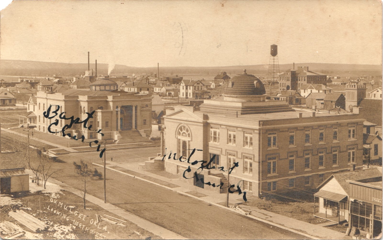 BIRDSEYE VIEW okmulgee ok real photo postcard rppc oklahoma downtown ...