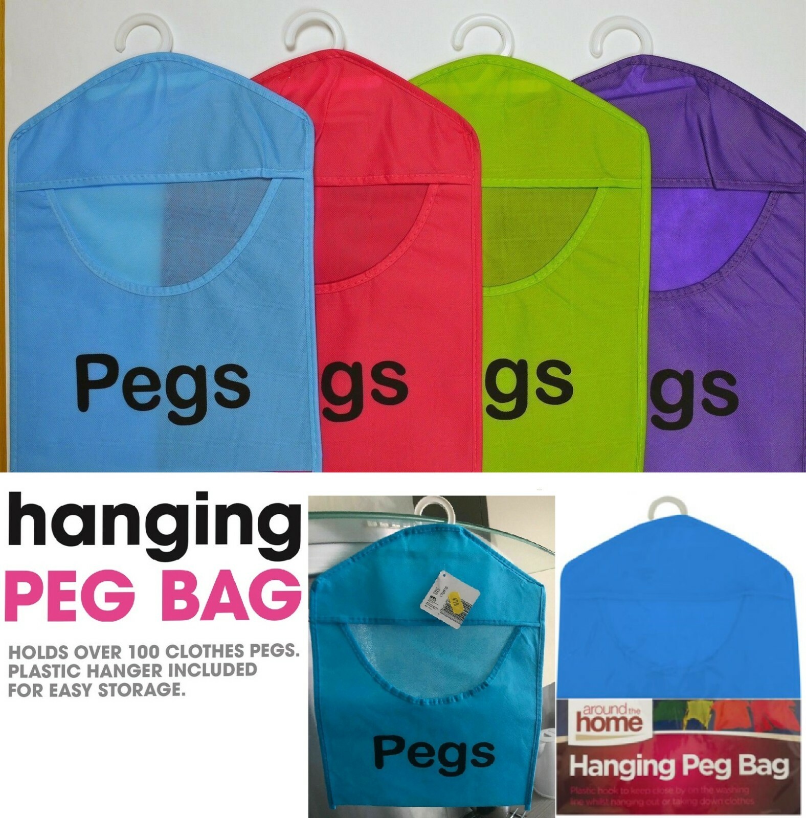 Hanging Fabric Peg Bag Clothes Line Laundry Washing Basket Storage ...