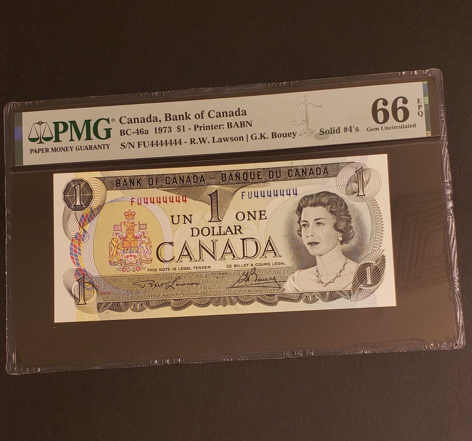RARE 1973 Bank of Canada $1 SOLID SERIAL # BANKNOTE. GEM UNC-66. SOLID ...