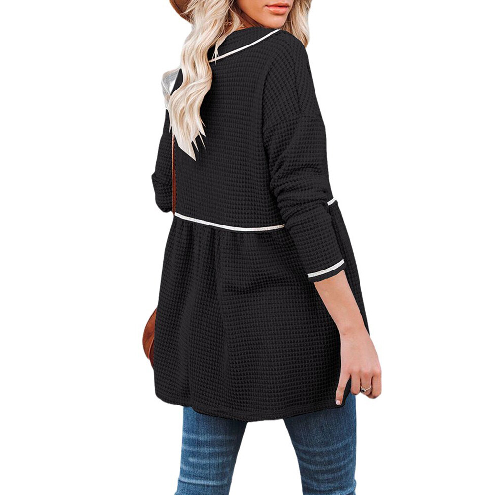Women Autumn Spring Jumper V Neck Casual Loose Long Sleeve Waffle Tunic ...