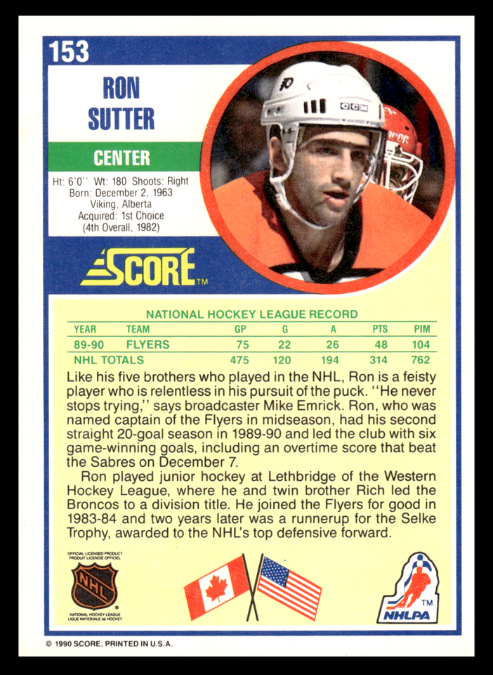 1990-91 Score American Ron Sutter #153 Philadelphia Flyers NHL Hockey ...