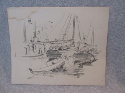 HAL ROSS PERRIGARD Original PENCIL DRAWING Rockport Mass "DOWN AT THE ...