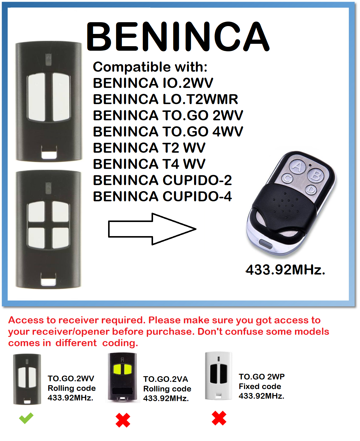 BENINCA TO.GO 2WV, TO.GO 4WV Compatible Remote Control Rolling code 433 ...
