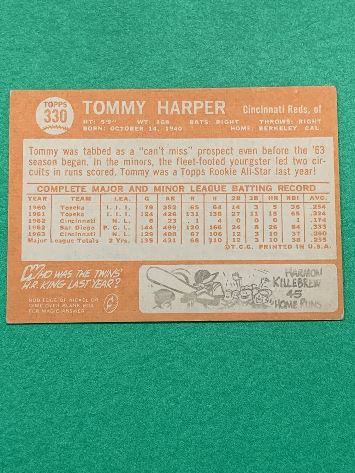 1964 TOPPS #330 TOMMY HARPER, CINCINNATI REDS, EX-EXMINT | eBay