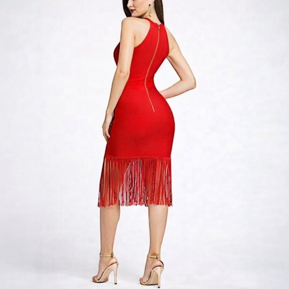 Red Hot Halter Fringe Bandage Dress Wrap Waist Bodycon Fit Party ...