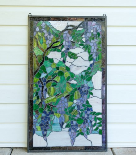Tiffany stained Style glass window panel wisteria flowers 20" x 34 ...