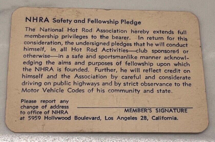 1955 NHRA National Hot Rod Association Membership Card Vintage ...