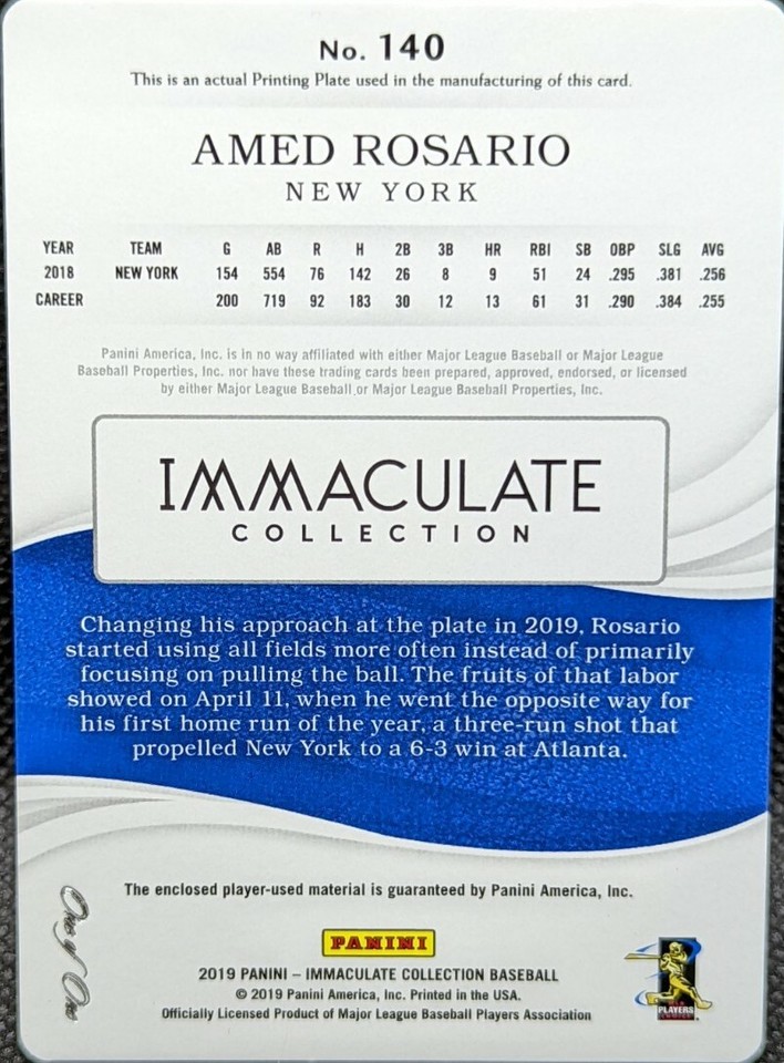 AMED ROSARIO 2019 Panini Immaculate Jersey TAG PATCH PRINTING PLATE SP ...