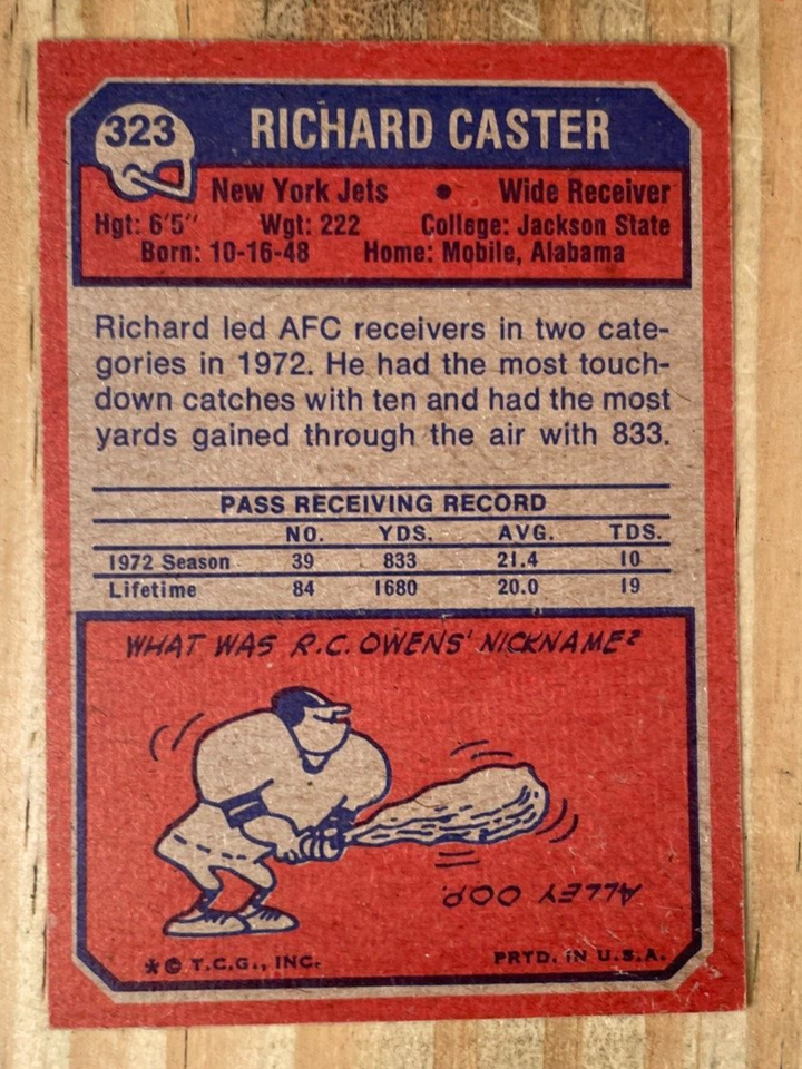 1973 TOPPS RICHARD RICH CASTER CARD#323 NEW YORK JETS OILERS SAINTS ...