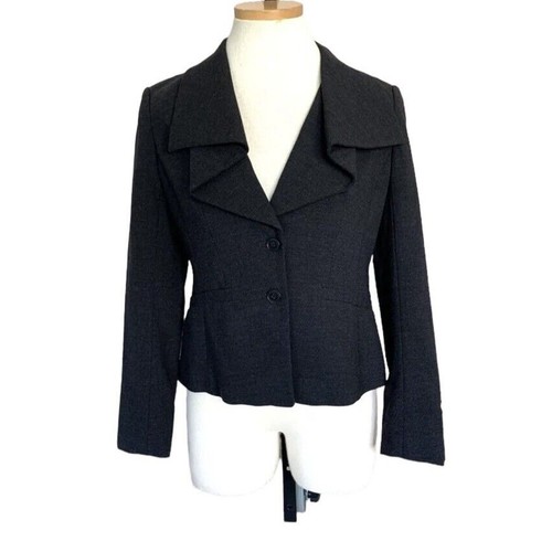 Ann Taylor Ruffle Collar Jacket Size 4 Petite Lined Gray Wool Stretch ...